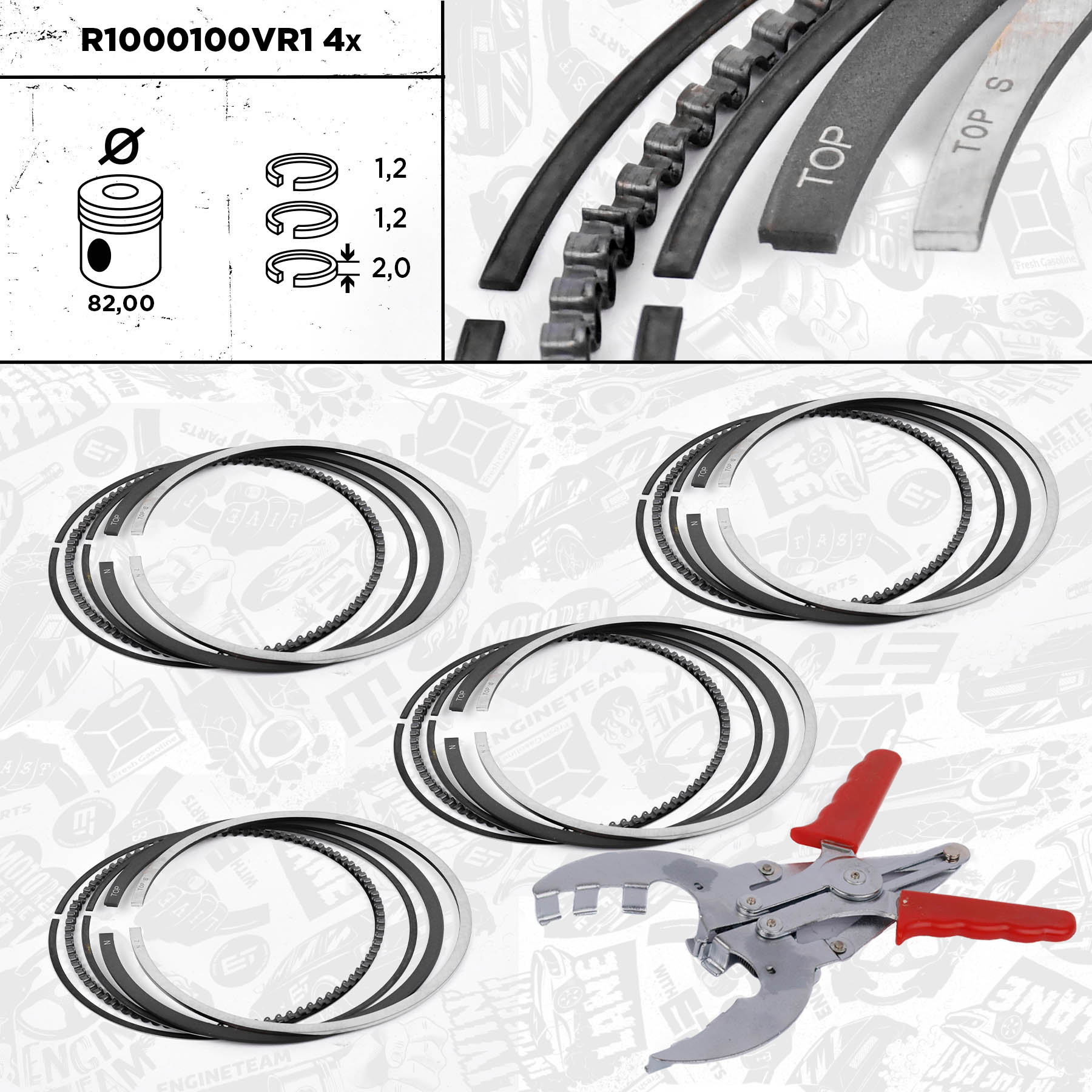 4x Piston Ring Kit - R1000100VR1 ET ENGINETEAM - 71717375, 71737072 ...